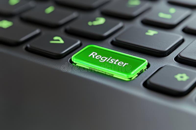 A Computer Keyboard and Green Register Key. Conceptual 3D Rendering ...