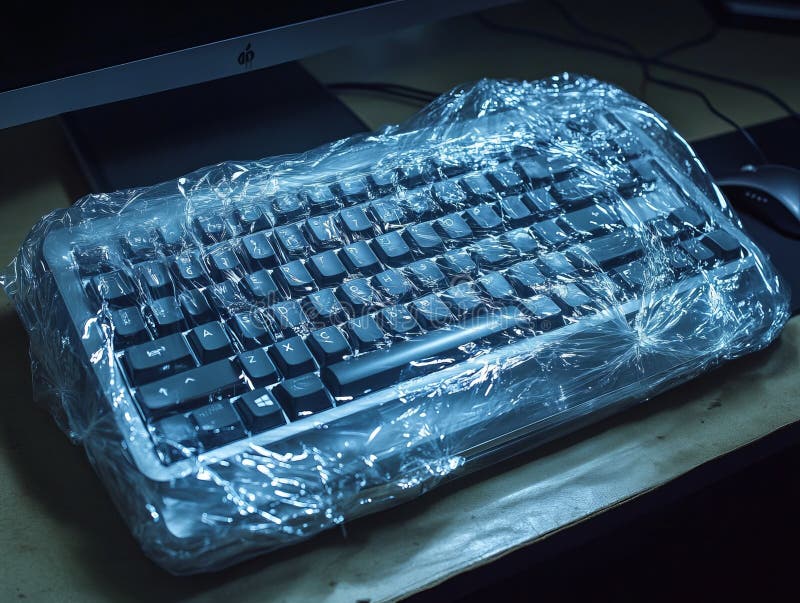 Computer Keyboard Humorously Wrapped in Plastic Wrap Shows Playful ...