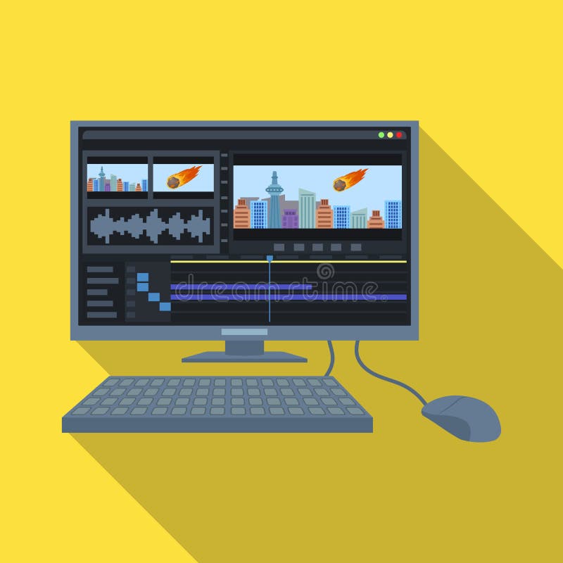 Computer with Keyboard.Making Movie Single Icon in Flat Style Vector ...