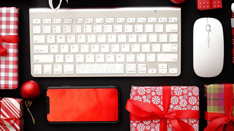 Computer Keyboard, Modern Smartphone, Mouse and Christmas Boxed Gifts ...