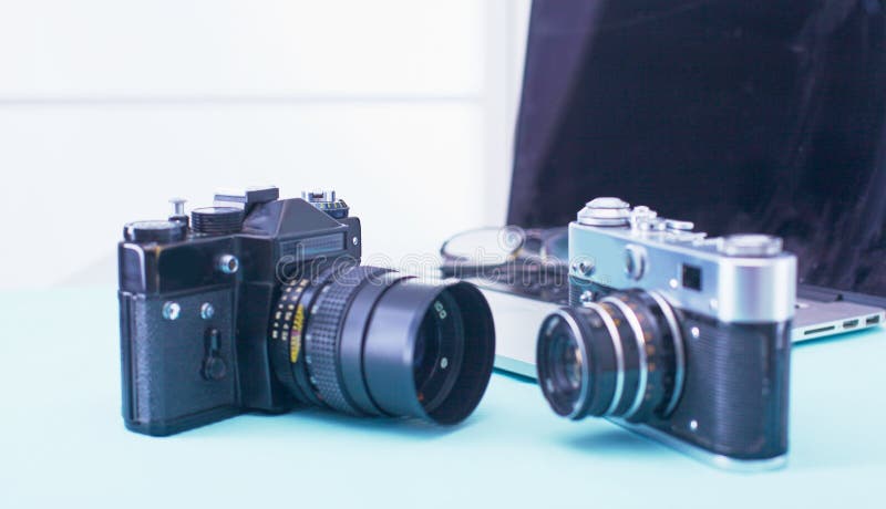 Computer Keyboard, Mouse and Camera Lie on Table Stock Image - Image of ...