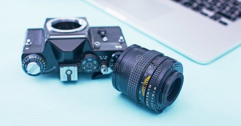 Computer Keyboard, Mouse and Camera Lie on Table Stock Image - Image of ...
