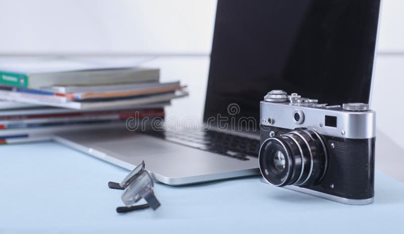 Computer Keyboard, Mouse and Camera Lie on Table Stock Photo - Image of ...