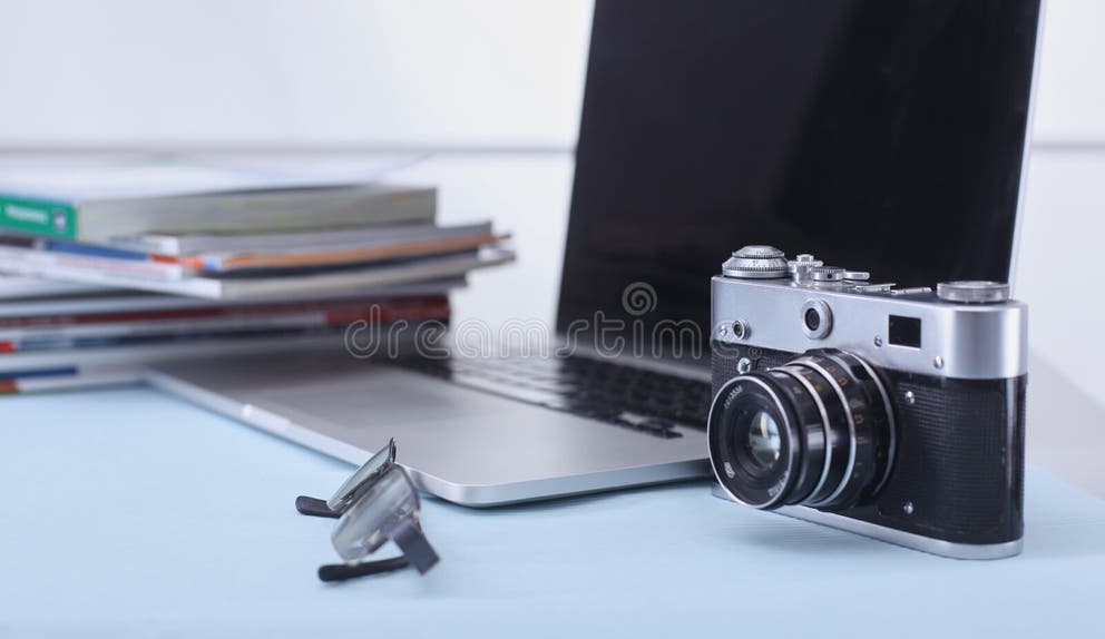 Computer Keyboard, Mouse and Camera Lie on Table Stock Photo - Image of ...