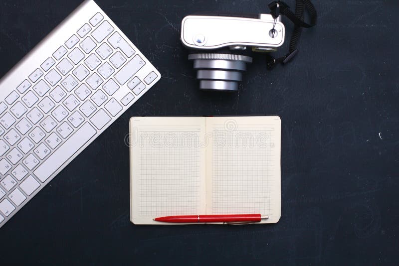 Computer Keyboard, Mouse and Camera Lie on Table Stock Image - Image of ...
