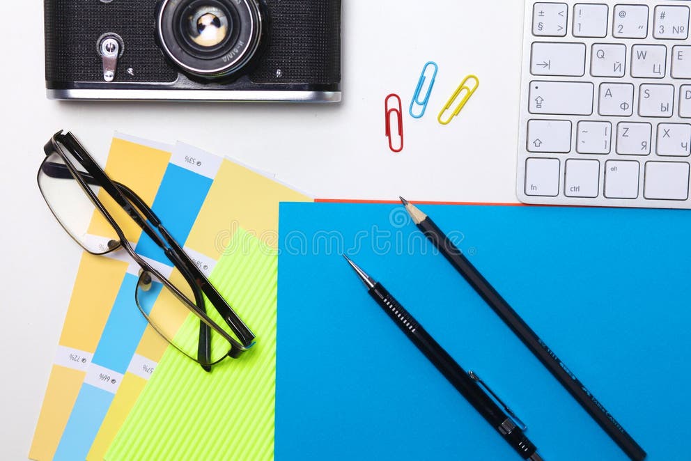 Computer Keyboard, Mouse and Camera Lie on Table Stock Image - Image of ...