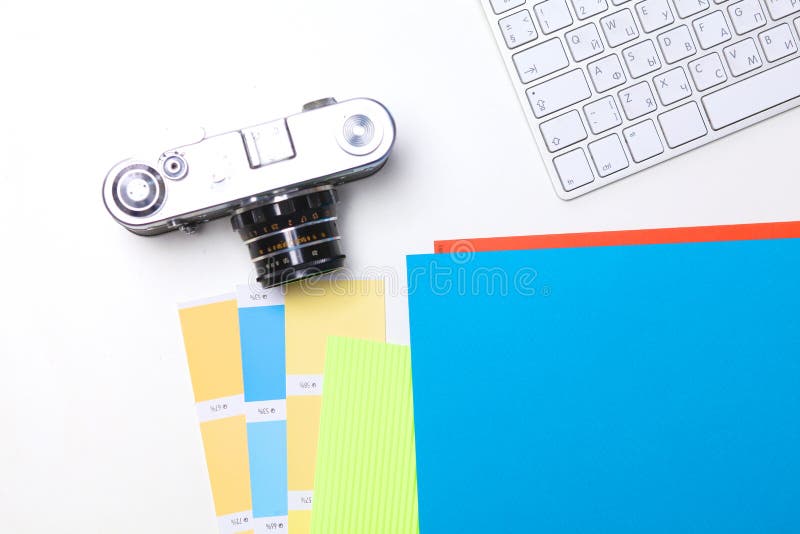 Computer Keyboard, Mouse and Camera Lie on Table Stock Photo - Image of ...