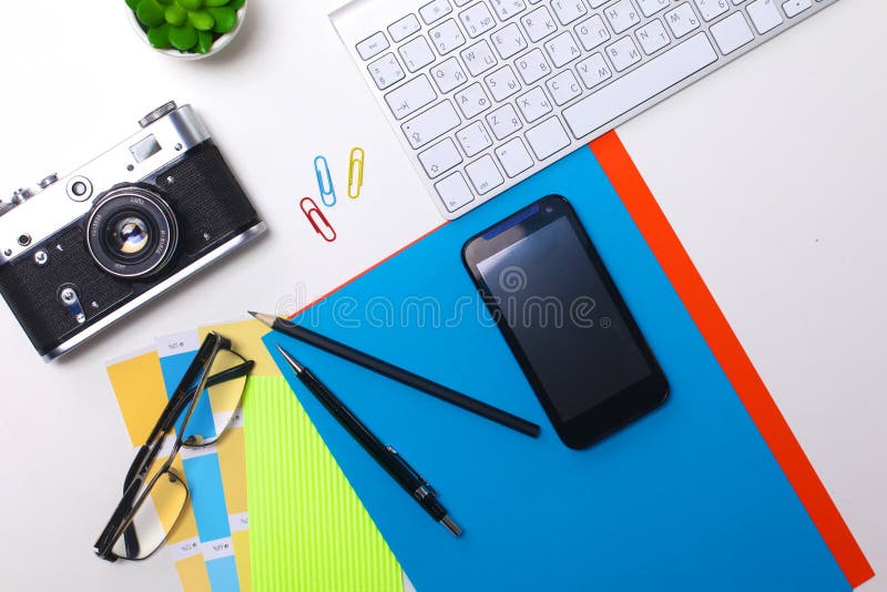 Computer Keyboard, Mouse and Camera Lie on Table Stock Image - Image of ...