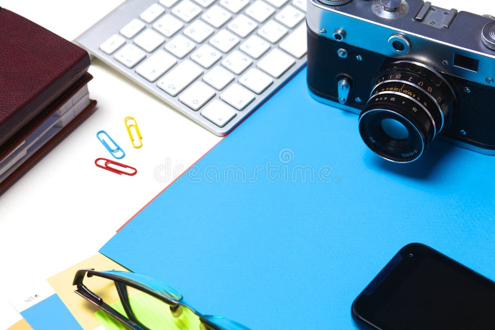 Computer Keyboard, Mouse and Camera Lie on Table Stock Photo - Image of ...