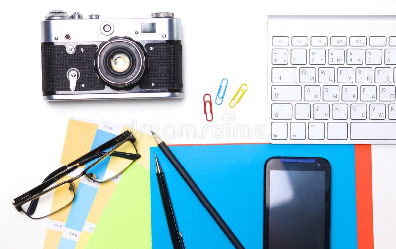 Computer Keyboard, Mouse and Camera Lie on Table Stock Image - Image of ...