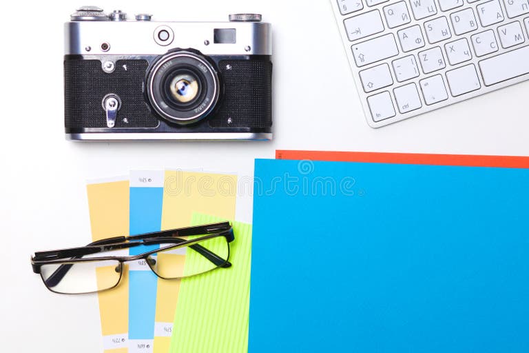 Computer Keyboard, Mouse and Camera Lie on Table Stock Photo - Image of ...