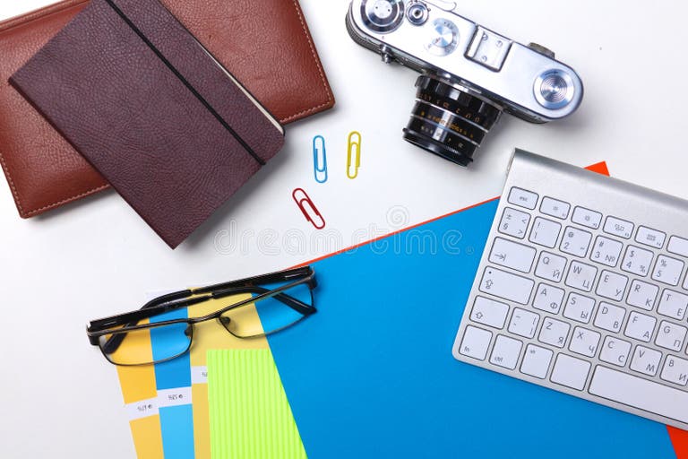 Computer Keyboard, Mouse and Camera Lie on Table Stock Image - Image of ...