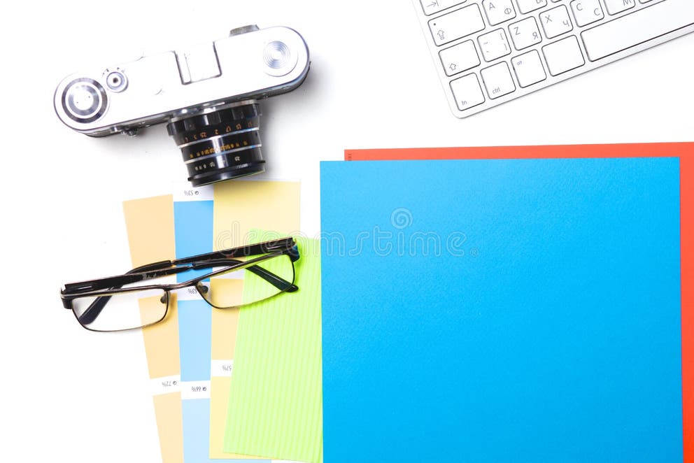 Computer Keyboard, Mouse and Camera Lie on Table Stock Photo - Image of ...