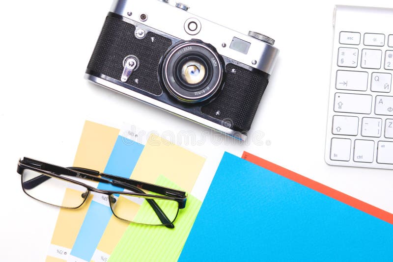 Computer Keyboard, Mouse and Camera Lie on Table Stock Image - Image of ...