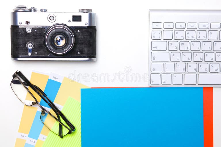 Computer Keyboard, Mouse and Camera Lie on Table Stock Image - Image of ...