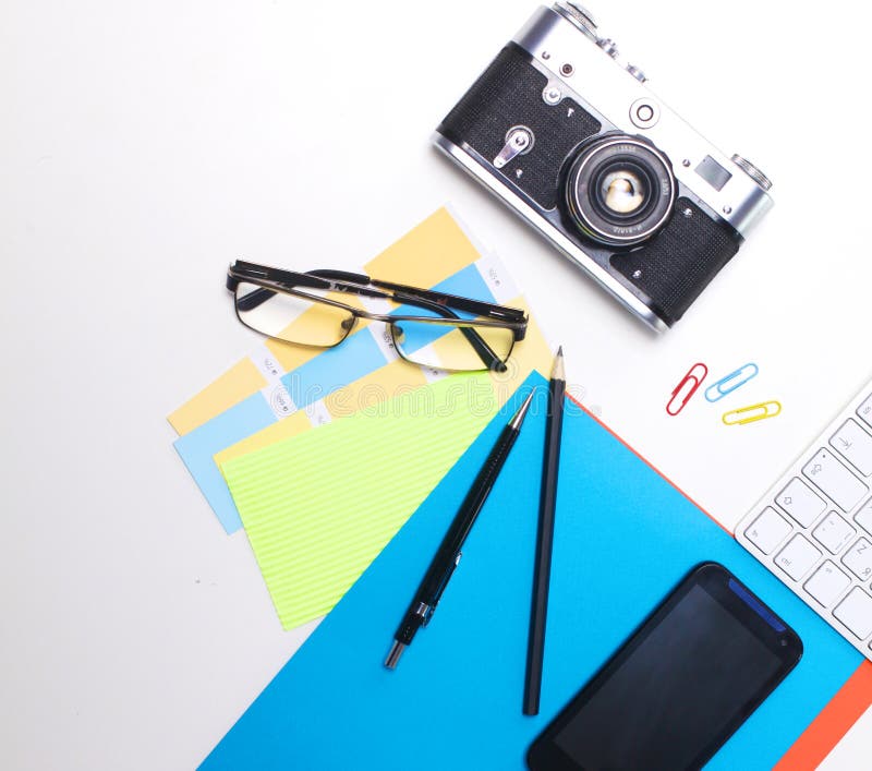 Computer Keyboard, Mouse and Camera Lie on Table Stock Photo - Image of ...
