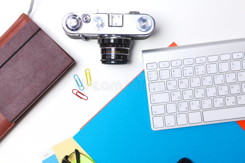 Computer Keyboard, Mouse and Camera Lie on Table Stock Image - Image of ...