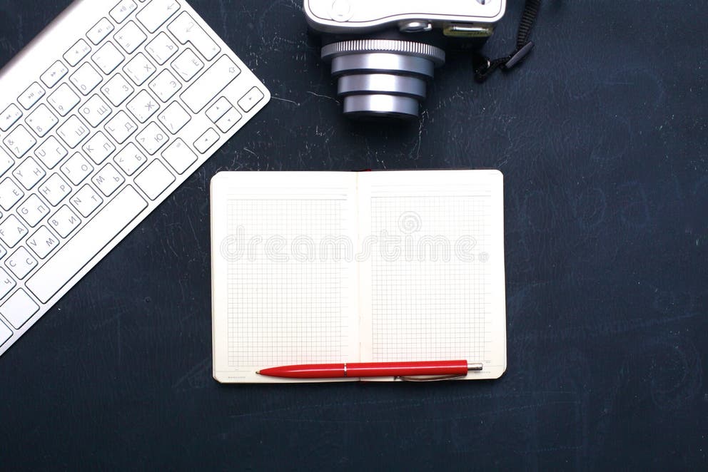 Computer Keyboard, Mouse and Camera Lie on Table Stock Photo - Image of ...