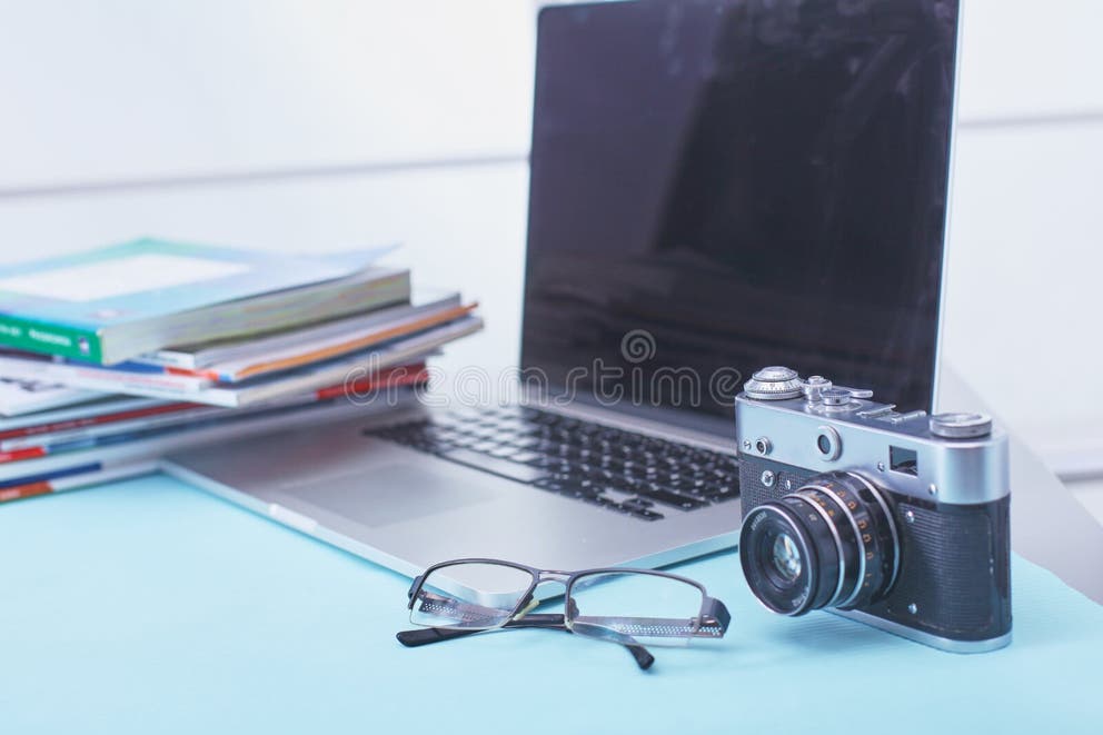 Computer Keyboard, Mouse and Camera Lie on Table Stock Image - Image of ...