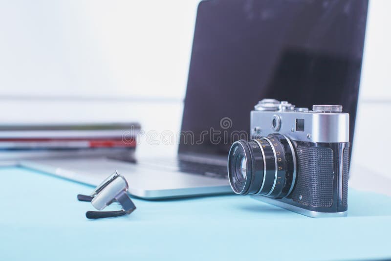 Computer Keyboard, Mouse and Camera Lie on Table Stock Image - Image of ...