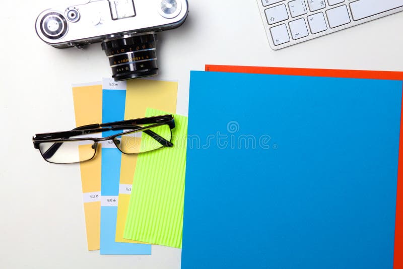 Computer Keyboard, Mouse and Camera Lie on a White Table Stock Image ...