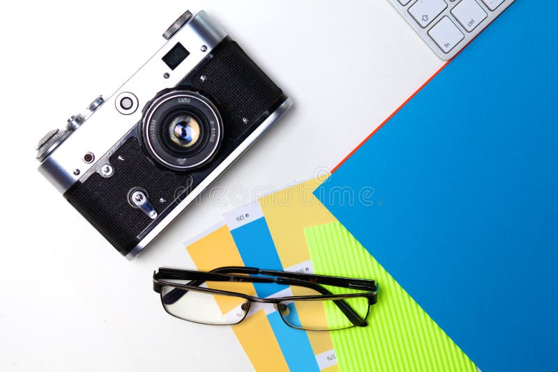 Computer Keyboard, Mouse and Camera Lie on a White Table Stock Photo ...