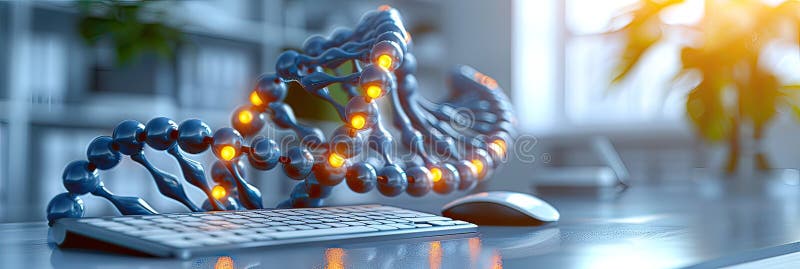 Computer Keyboard, Mouse on Desk with 3D Cell Model Stock Illustration ...