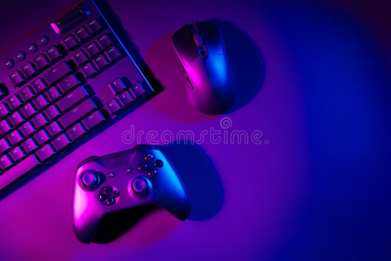 Computer Keyboard, Mouse and Joystick on Black Background Stock Image ...