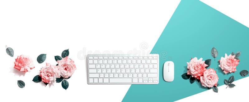 Computer Keyboard and a Mouse with Pink Roses Stock Image - Image of ...