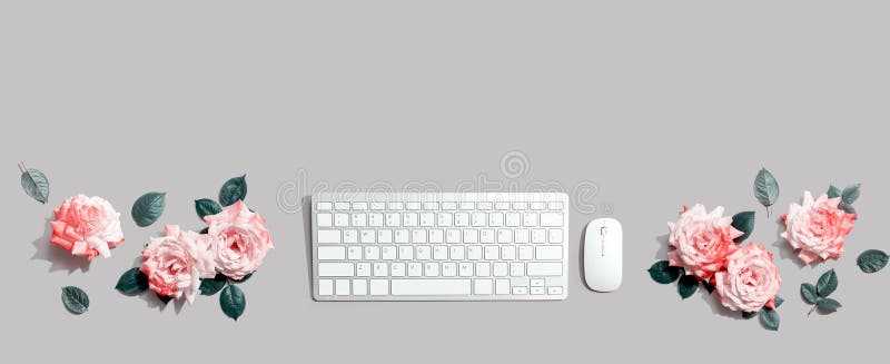 Computer Keyboard and a Mouse with Pink Roses Stock Photo - Image of ...