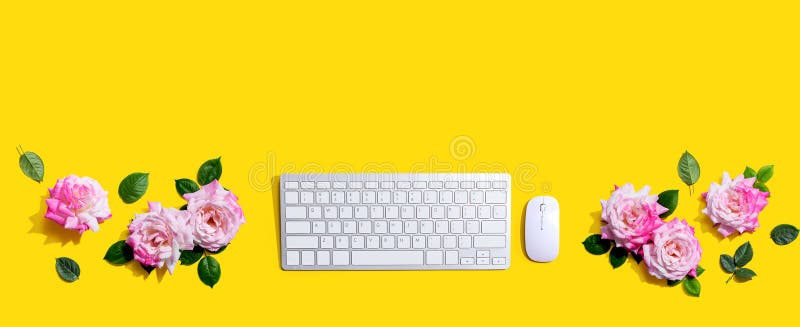 Computer Keyboard and a Mouse with Pink Roses Stock Image - Image of ...