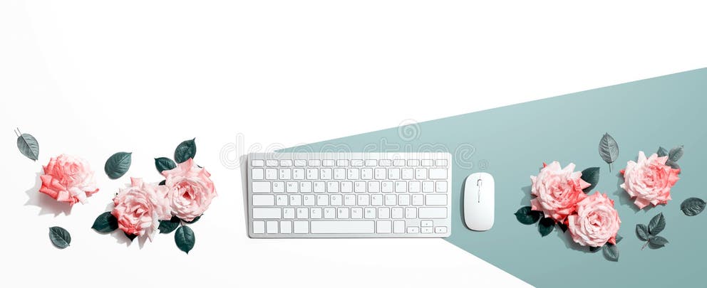 Computer Keyboard and a Mouse with Pink Roses Stock Image - Image of ...