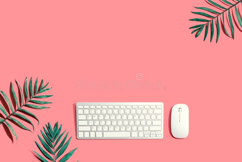 Computer Keyboard and Mouse with Tropical Plants Stock Image - Image of ...