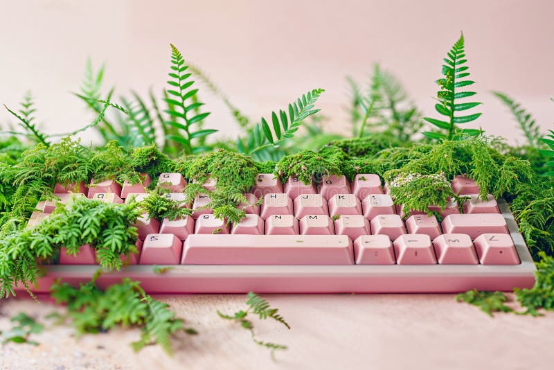 A Computer Keyboard Nestled in Lush Moss and Ferns Against a Beige ...