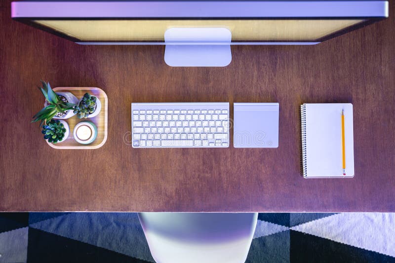 Top View, Computer on a Wooden Table, Work Desk. Stock Photo - Image of ...