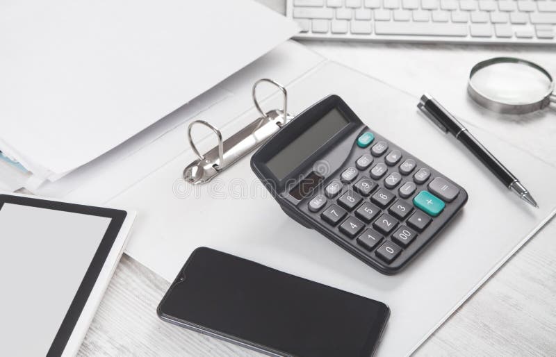 Computer Keyboard, Pen, Calculator, Document on the Desk Stock Image ...
