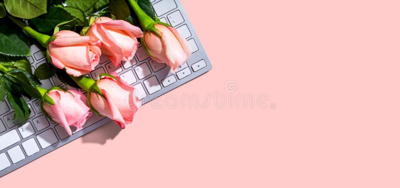 Computer Keyboard with Pink Roses Stock Image - Image of copy, leaves ...