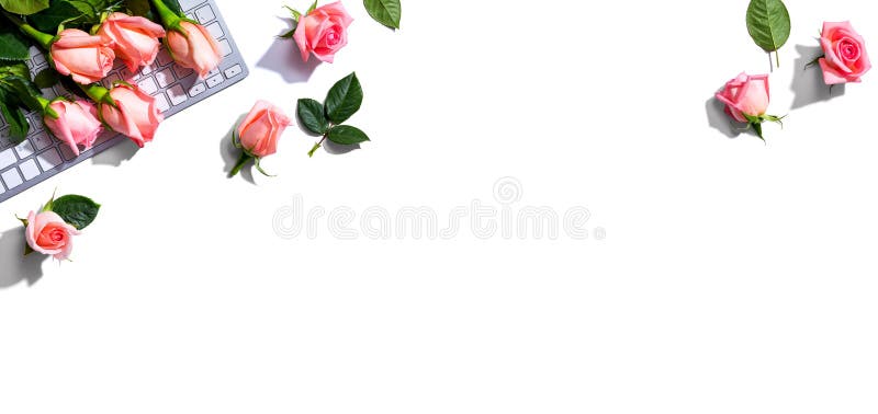 Computer Keyboard with Pink Roses Stock Image - Image of spring, leaves ...