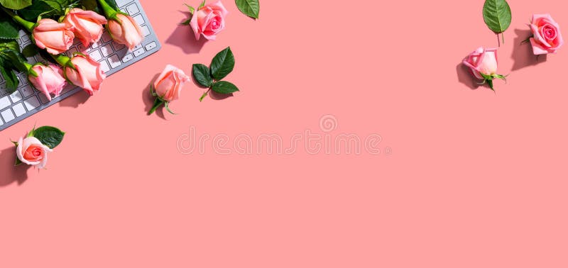 Computer Keyboard with Pink Roses Stock Image - Image of table ...