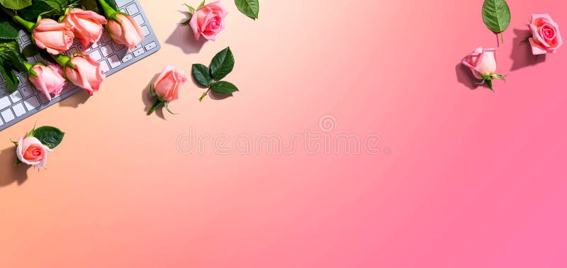 Computer Keyboard with Pink Roses Stock Photo - Image of spring, plant ...