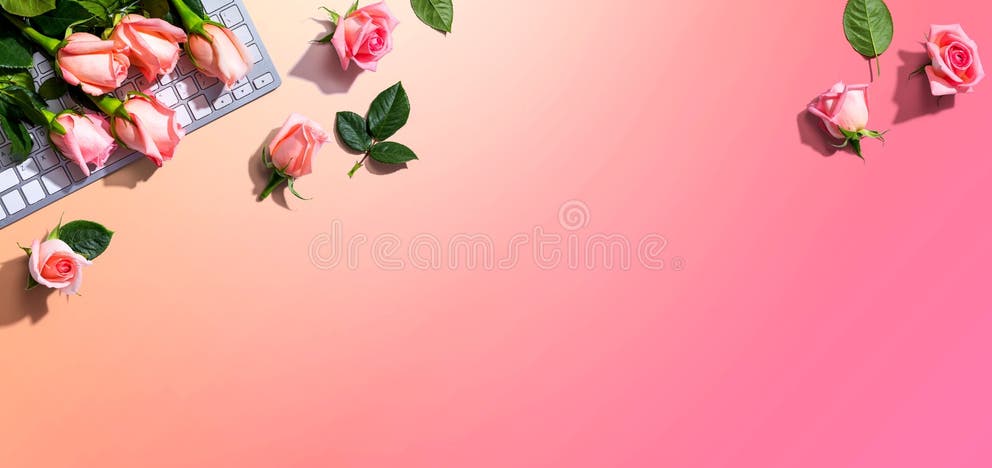 Computer Keyboard with Pink Roses Stock Photo - Image of spring, plant ...