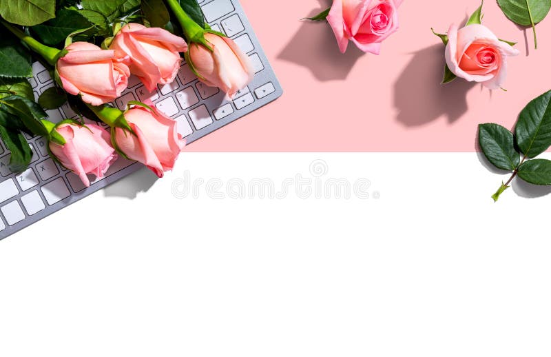 Computer Keyboard with Pink Roses Stock Photo - Image of plant, flower ...