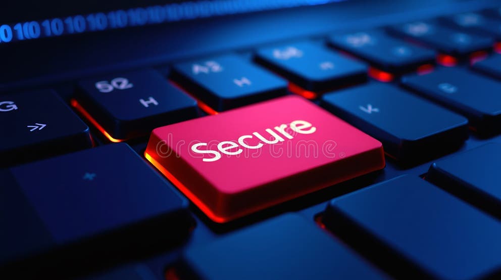 Computer Keyboard with Red Secure Key Button in Blue Light ...