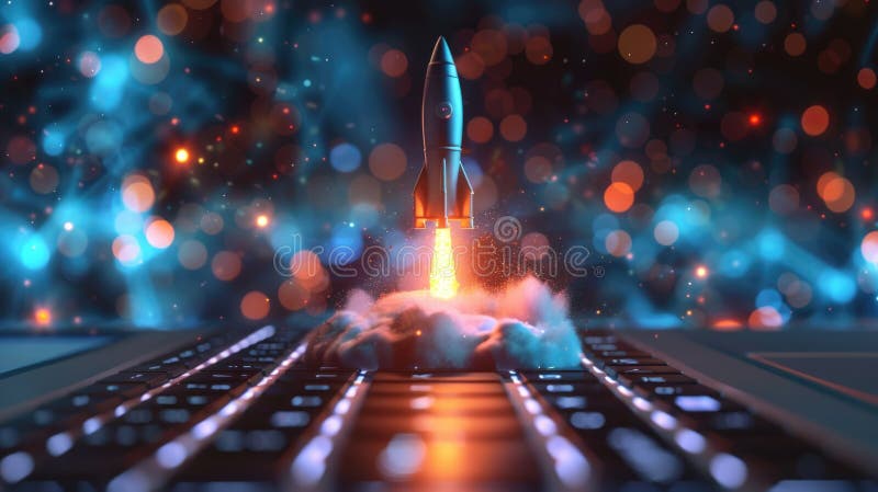 A Computer Keyboard with a Rocket Coming Out of it Stock Photo - Image ...