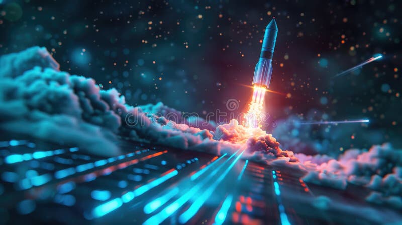 A Computer Keyboard with a Rocket Flying through the Air Stock ...