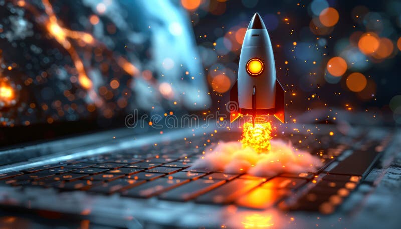 A Computer Keyboard with a Rocket on it. the Rocket is in the Middle of ...