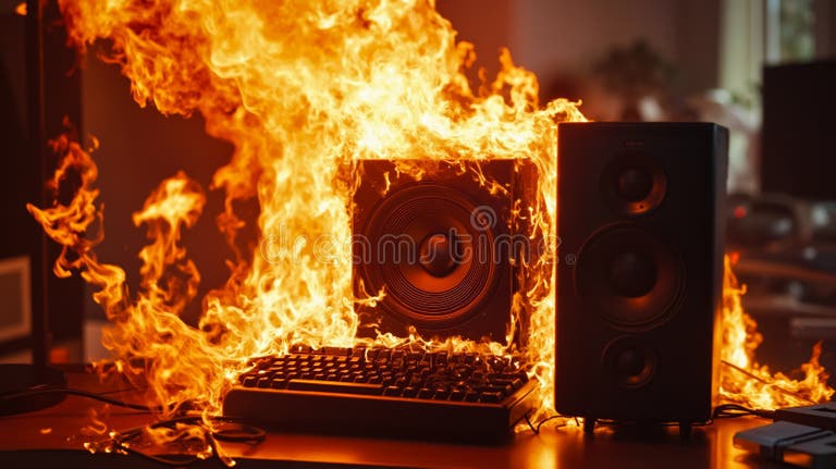 A Computer Keyboard and Speakers on a Desk in Front of a Fire Stock Image - Image of yellow ...