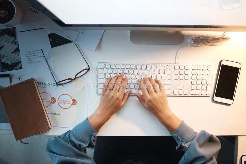 Computer, Keyboard and Typing with Top View of Woman and Mockup on ...