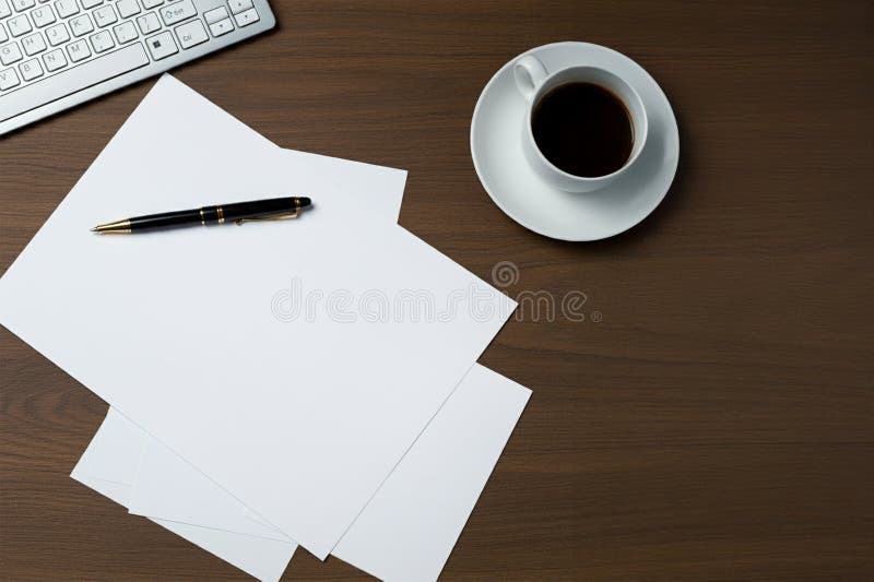 Computer Keyboard, White Papers, Pen and a Cup of Coffee on the Table ...