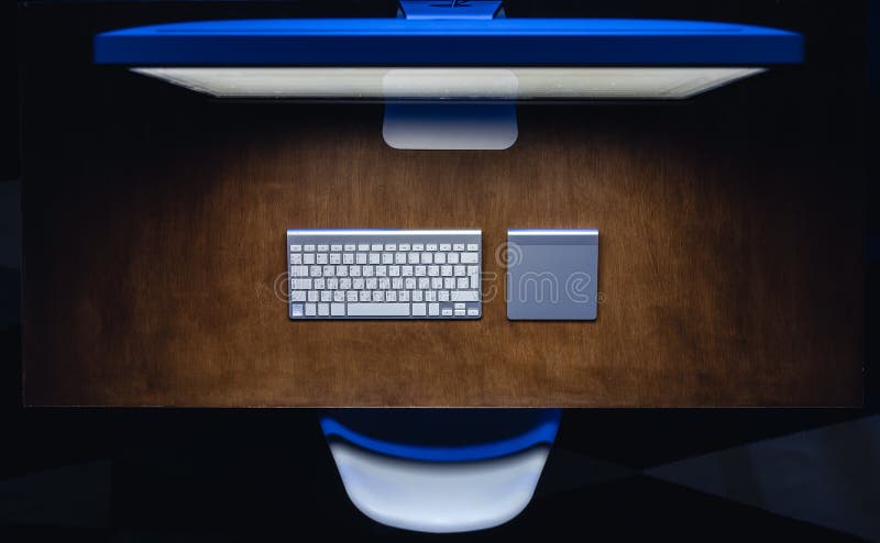 Computer and Keyboard on a Wooden Table at Night, Top View. Stock Image ...